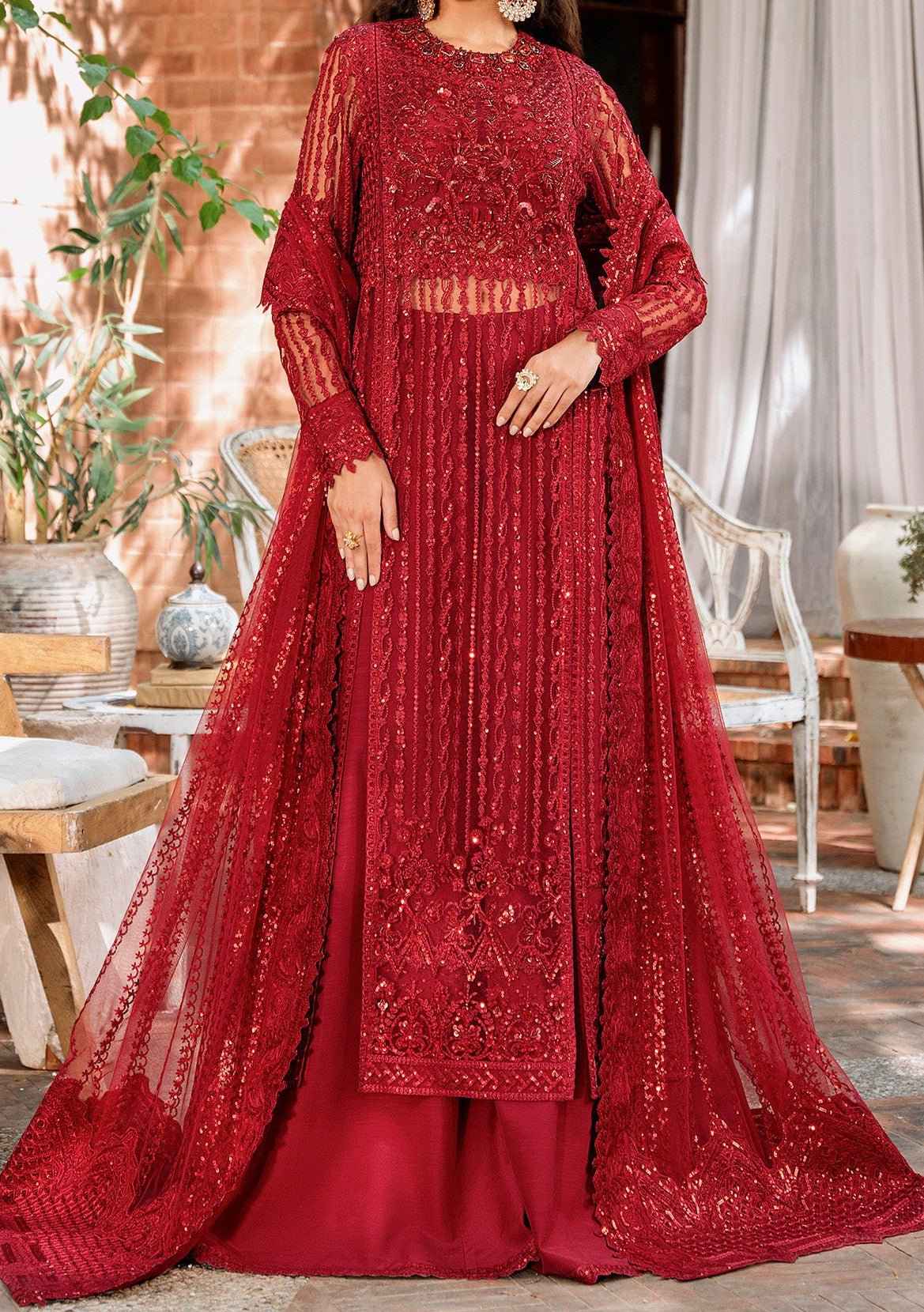 Akbar Aslam Gul Mohr Pakistani Luxury Net Dress - db24734